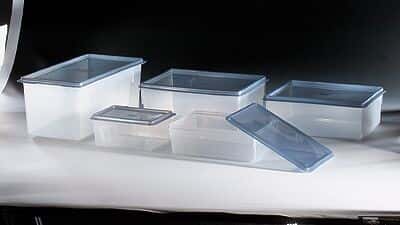 Rectangular transparent polypropylene container, 136 oz from Cole-Parmer