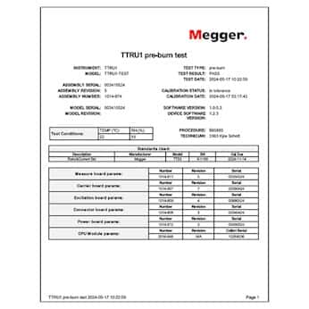 Megger Calibration Certificate for TTRU1 Meter from Cole-Parmer