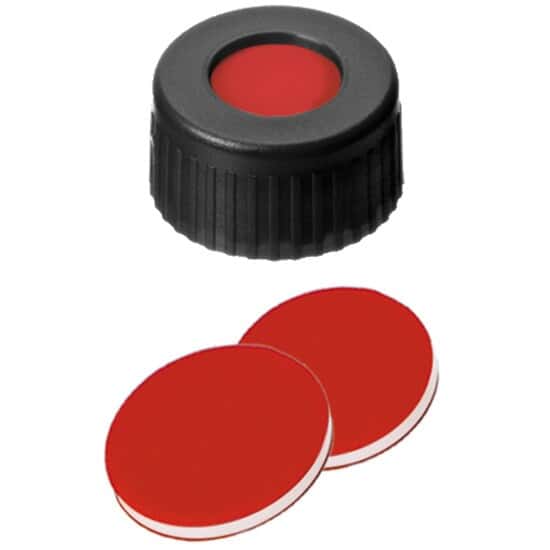 Cole-Parmer Short Thread Cap, 9mm, Open Black Polypropylene, Red PTFE ...