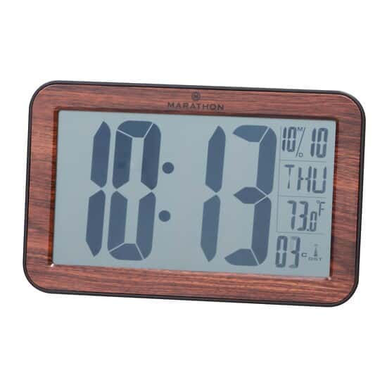 Marathon Radio-Controlled Large-Digit Wall/Bench Clock, Wood grain from ...