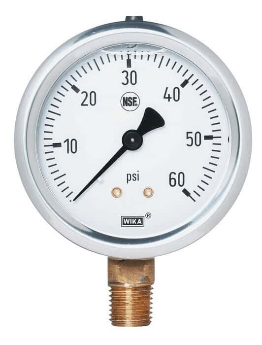 Wika 111.10DW NSF-Certified Pressure Gauge, 0 to 30 PSI, Bottom Mount 1/4" NPT(M); 2" Dial from ...